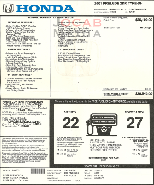 2001 Honda Prelude Type-SH Window Sticker – ocabj.net